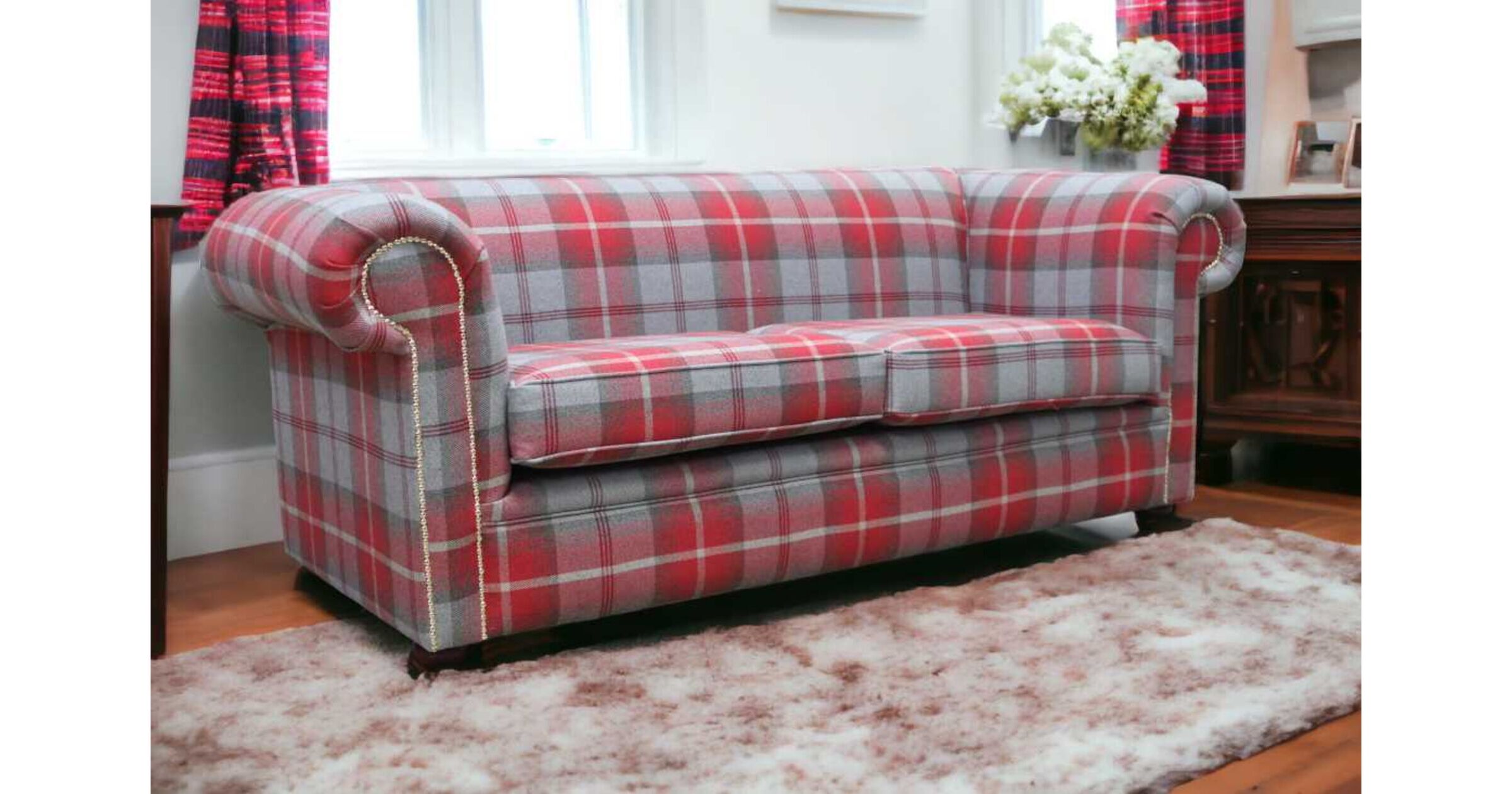 Balmoral Cherry Fabric Chesterfield Sofa | DesignerSofas4U