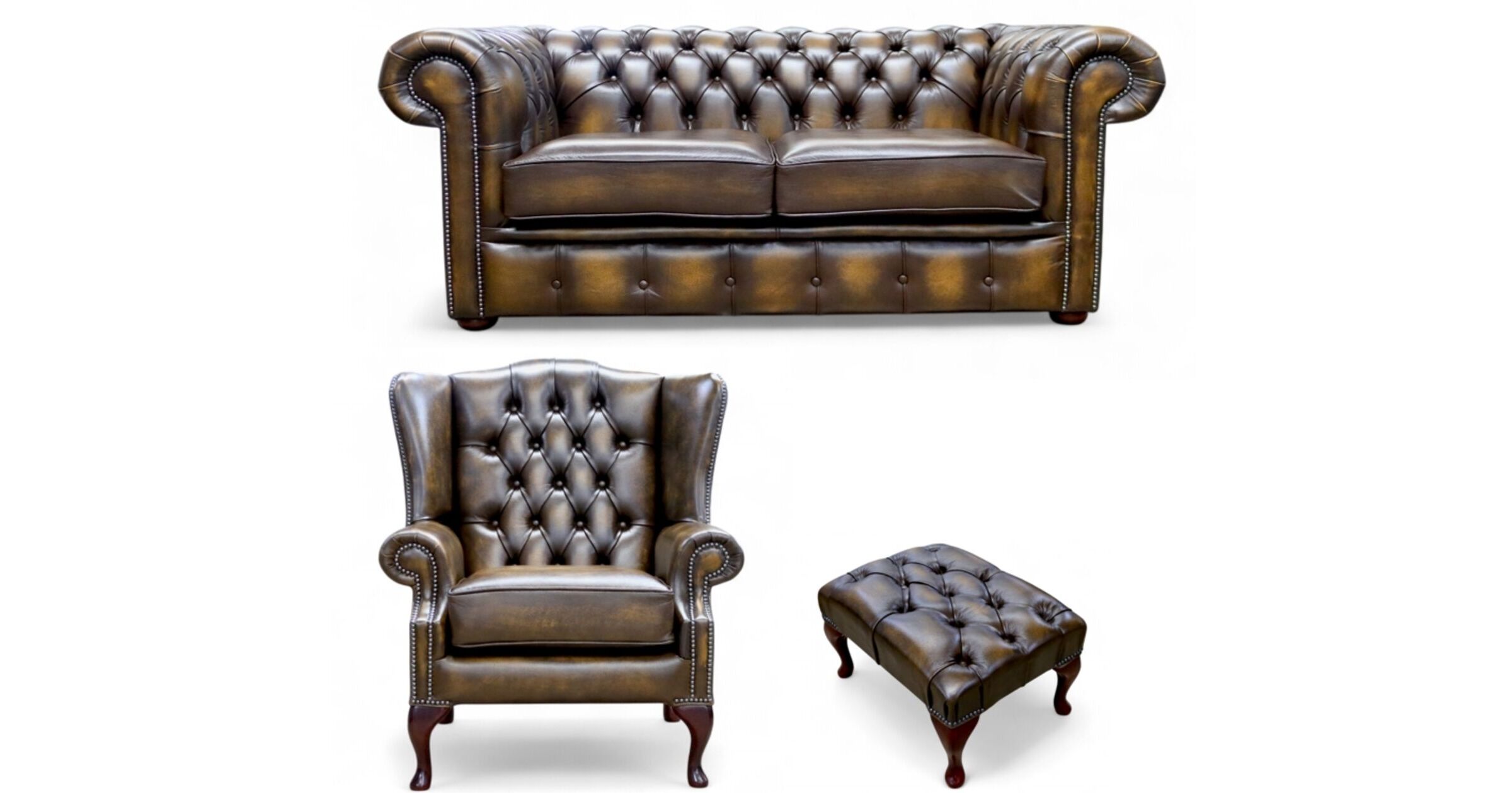 Luxury Chesterfield Leather Sofa Suite – Antique Gold | 3-Piece Set