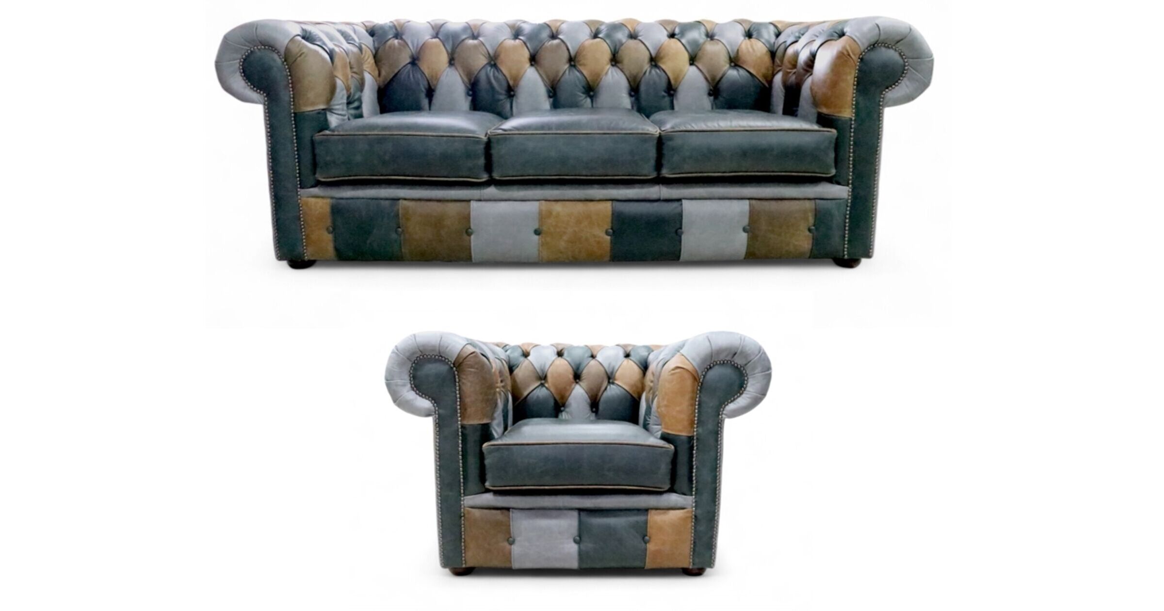 Chesterfield Patchwork 3 Seater + Club Chair Cracked Wax Leather Sofa ...