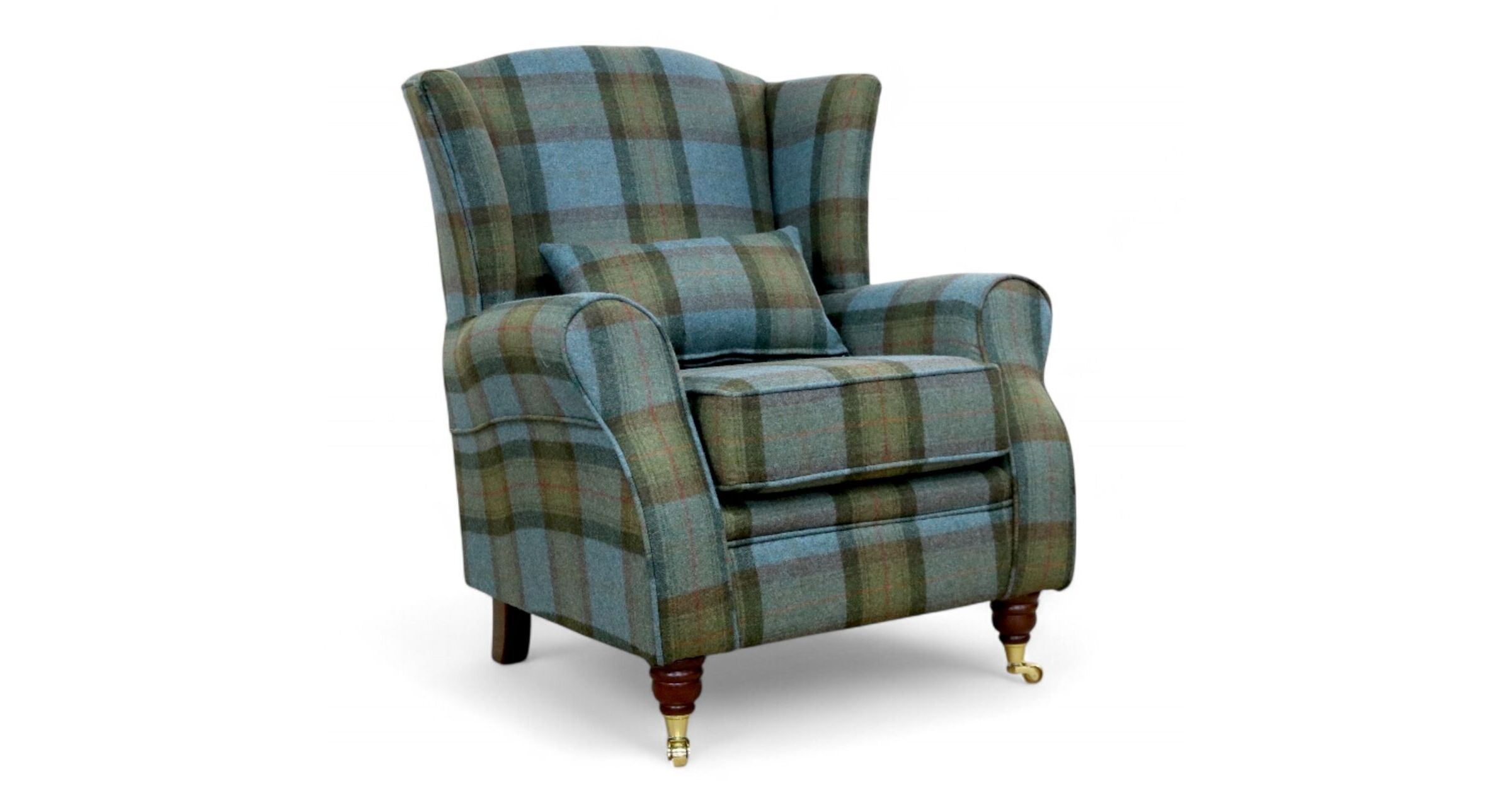 Arnold Wool Tartan Wing Chair Fireside High Back Armchair Skye Sea Check