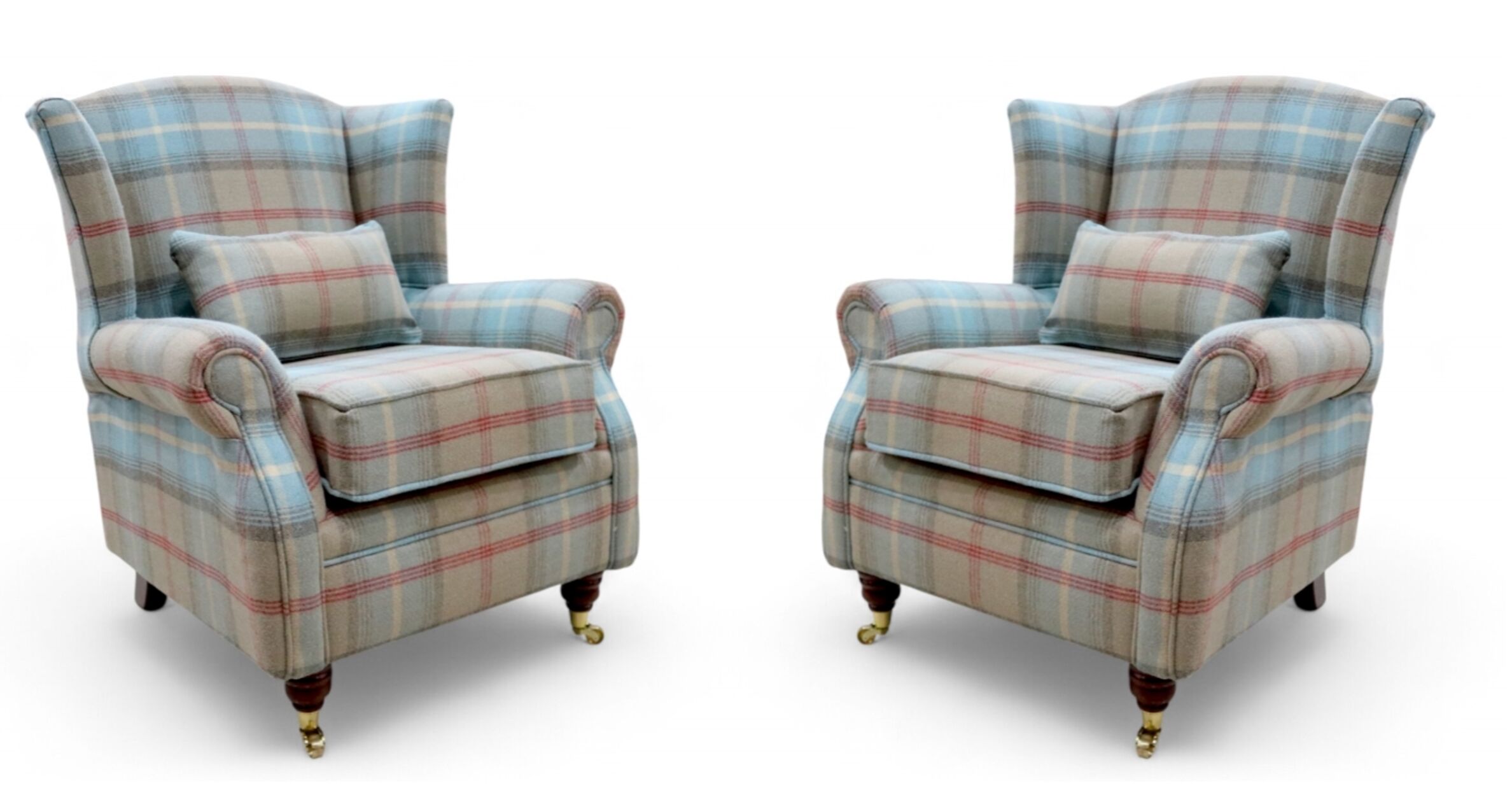 Pair Of Wing Chairs Fireside High Back Armchairs Balmoral Ocean Check ...