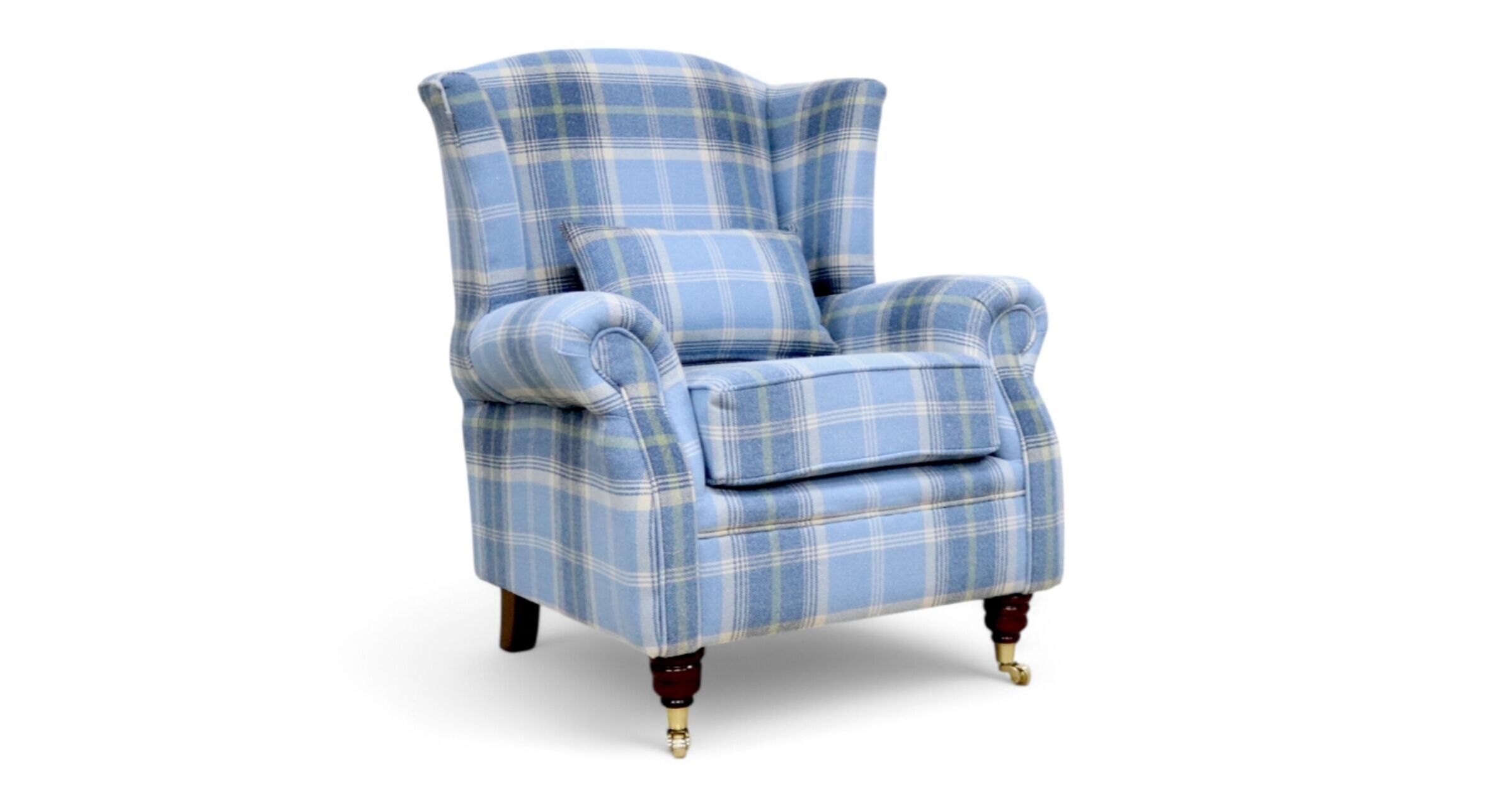 Balmoral Cornflower Check Wing Chair: High Back Fireside Armchair