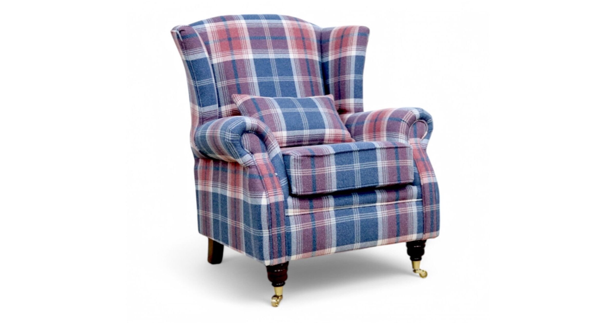 Balmoral Harbour Blue Check Wing Chair: High Back Fireside Armchair