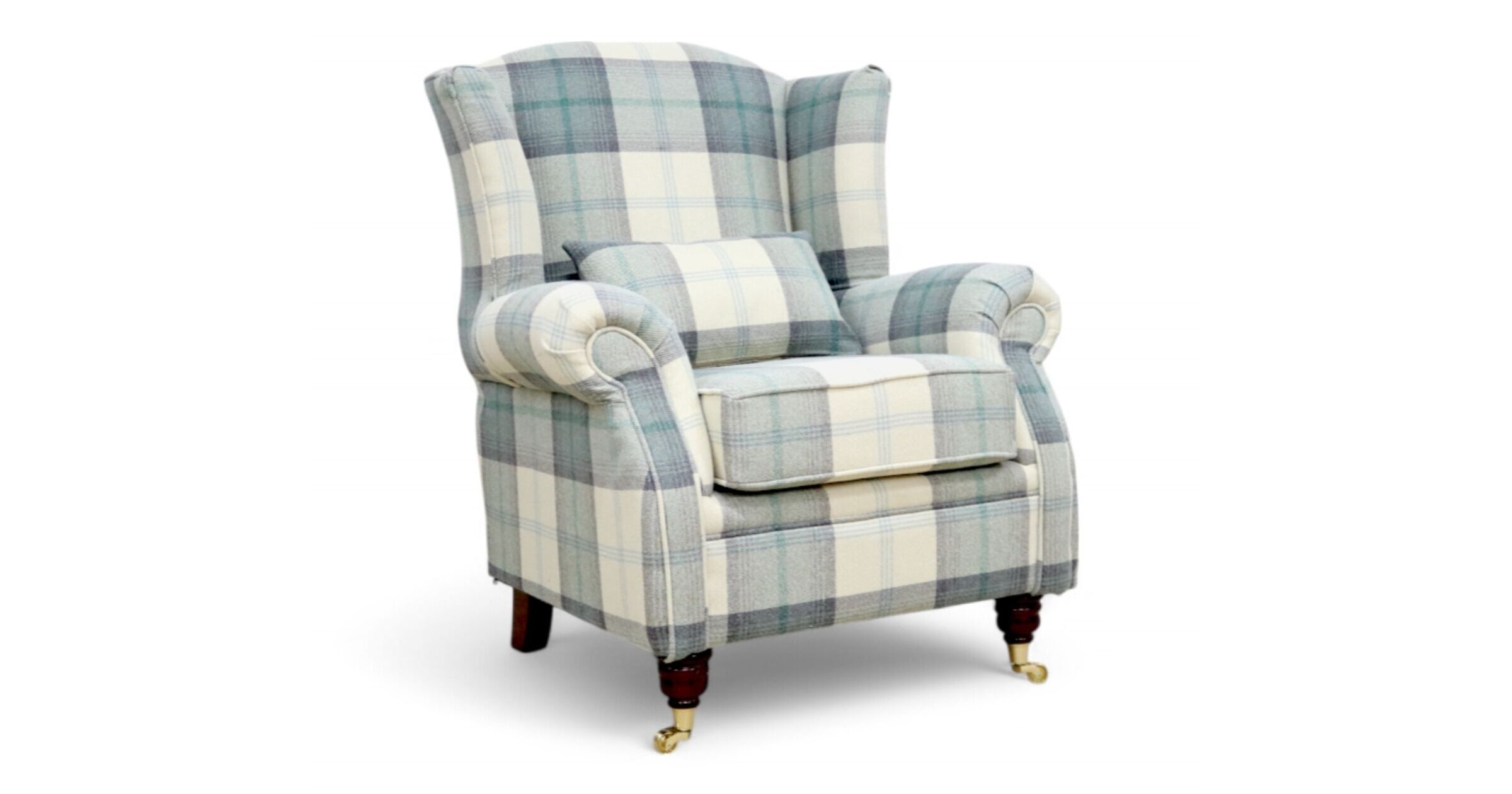 Balmoral Jade Green Check Wing Chair: High Back Fireside Armchair