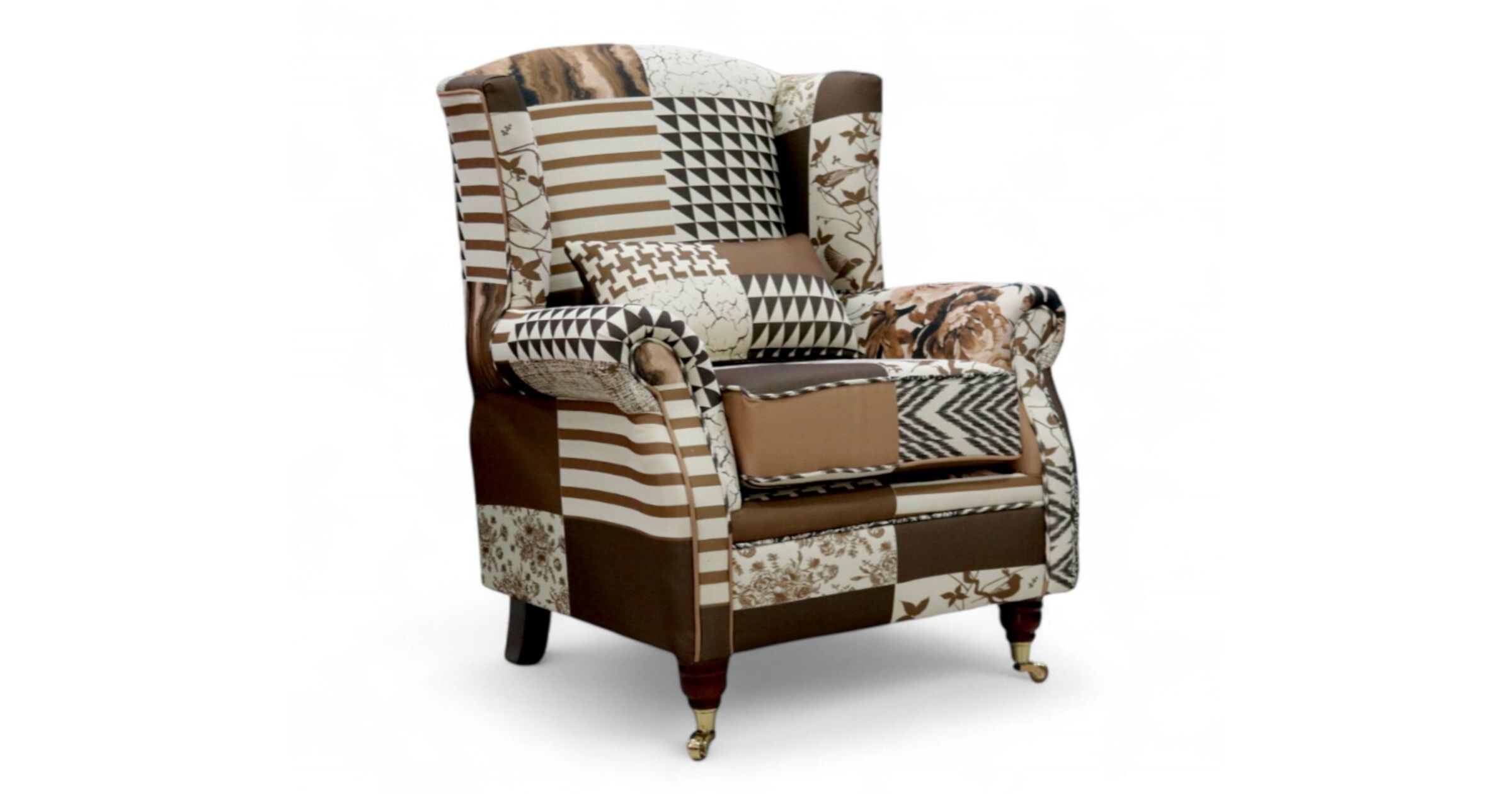 Wing Chair Charles Patchwork Peach Fabric Fireside High Back Armchair