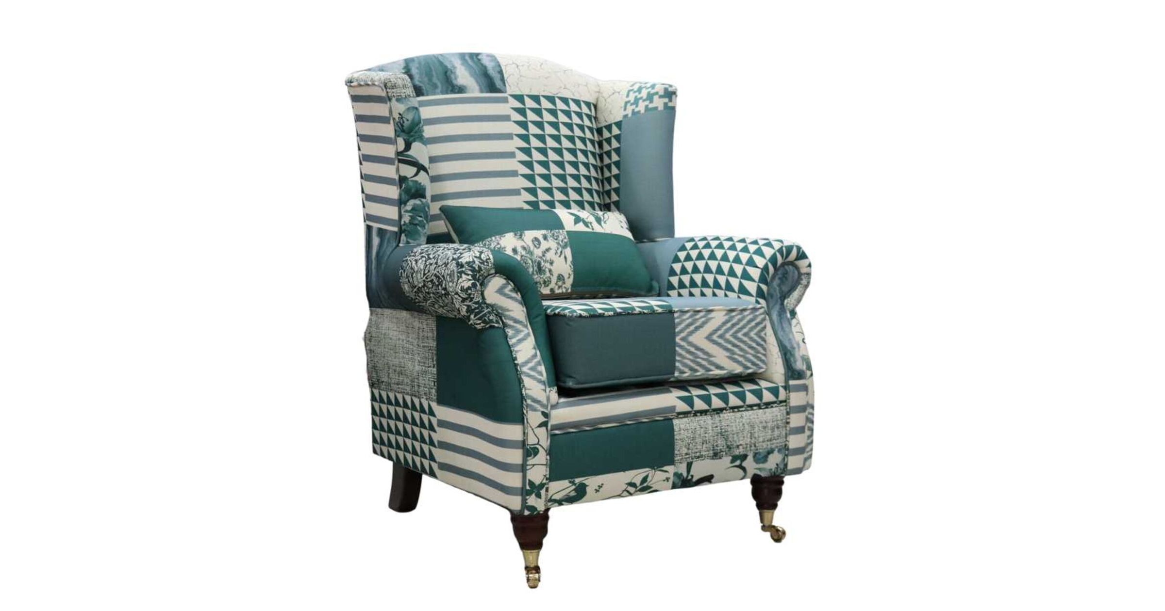 Wing Chair Fireside High Back Armchair Charles Patchwork Green Fabric