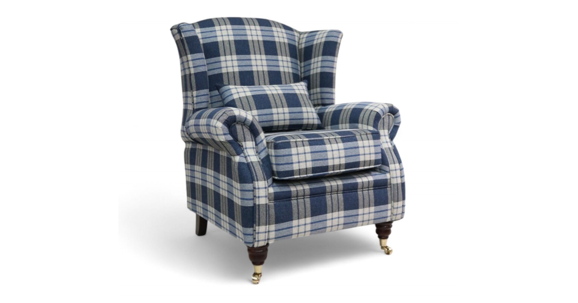 Kintyre Indigo Blue Check High Back Wing Chair | Armchairs