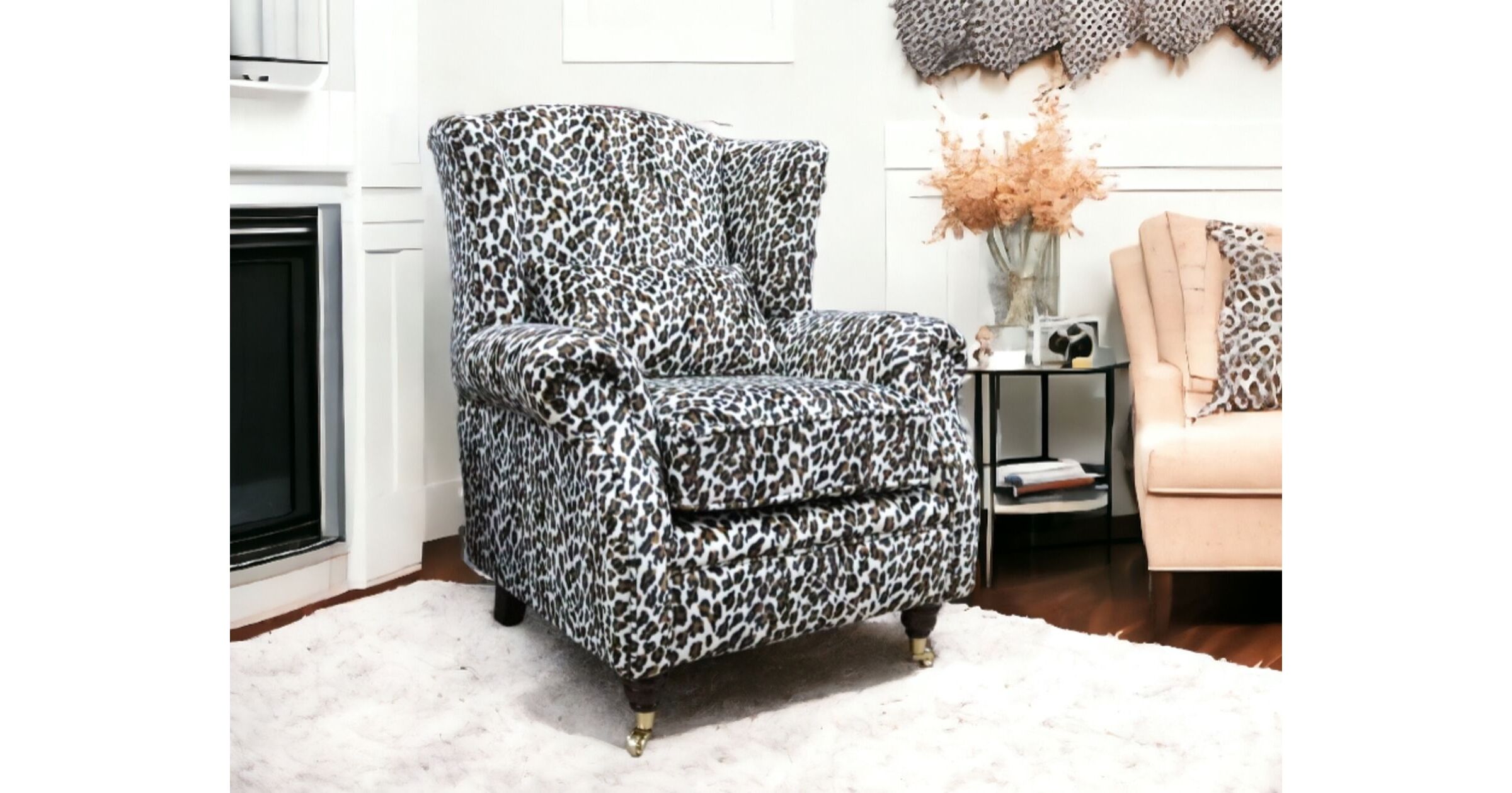 Fireside Opulence Cream Leopard Print on High Back Armchair