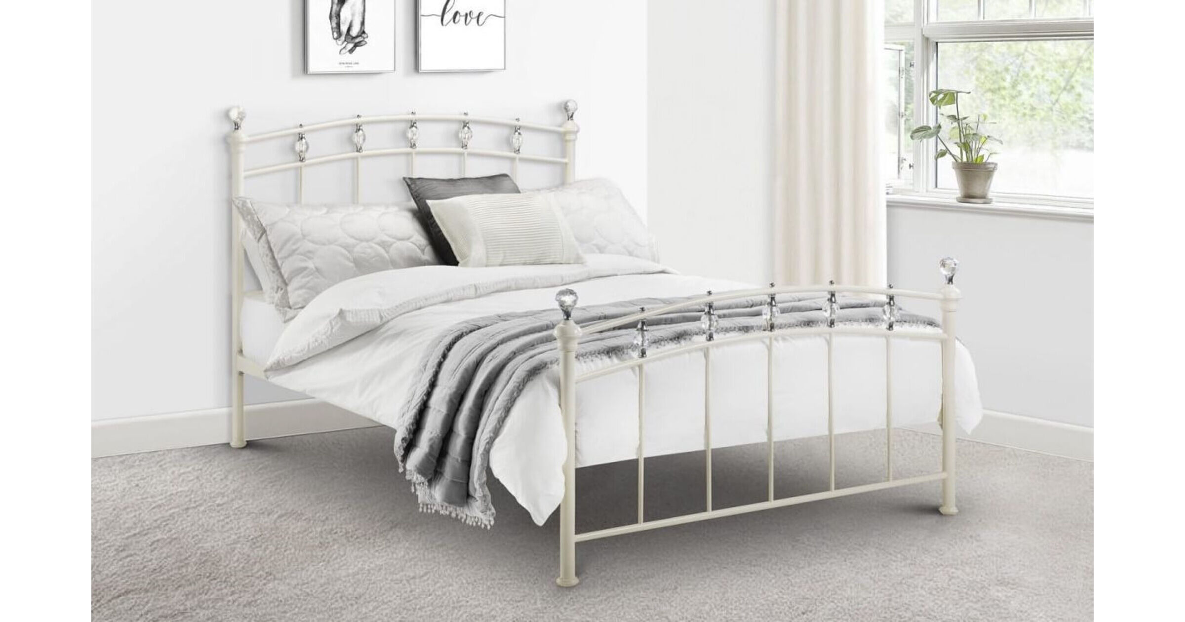 Crystal Effect Finials Adorn Birgitta Metal Bed by Designer Sofas4u