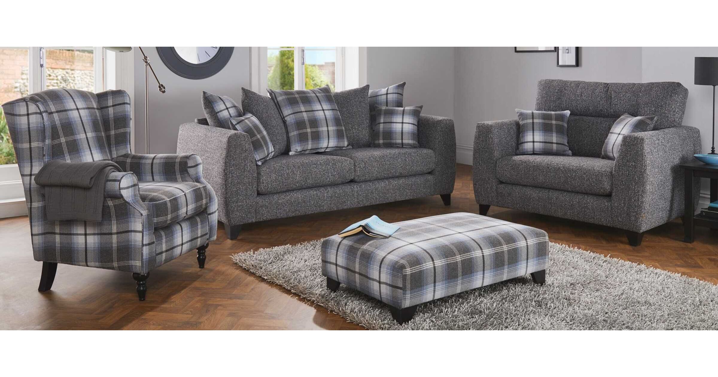 Carol 3 + Snuggler Armchair Settee in Dustin Ash Fabric