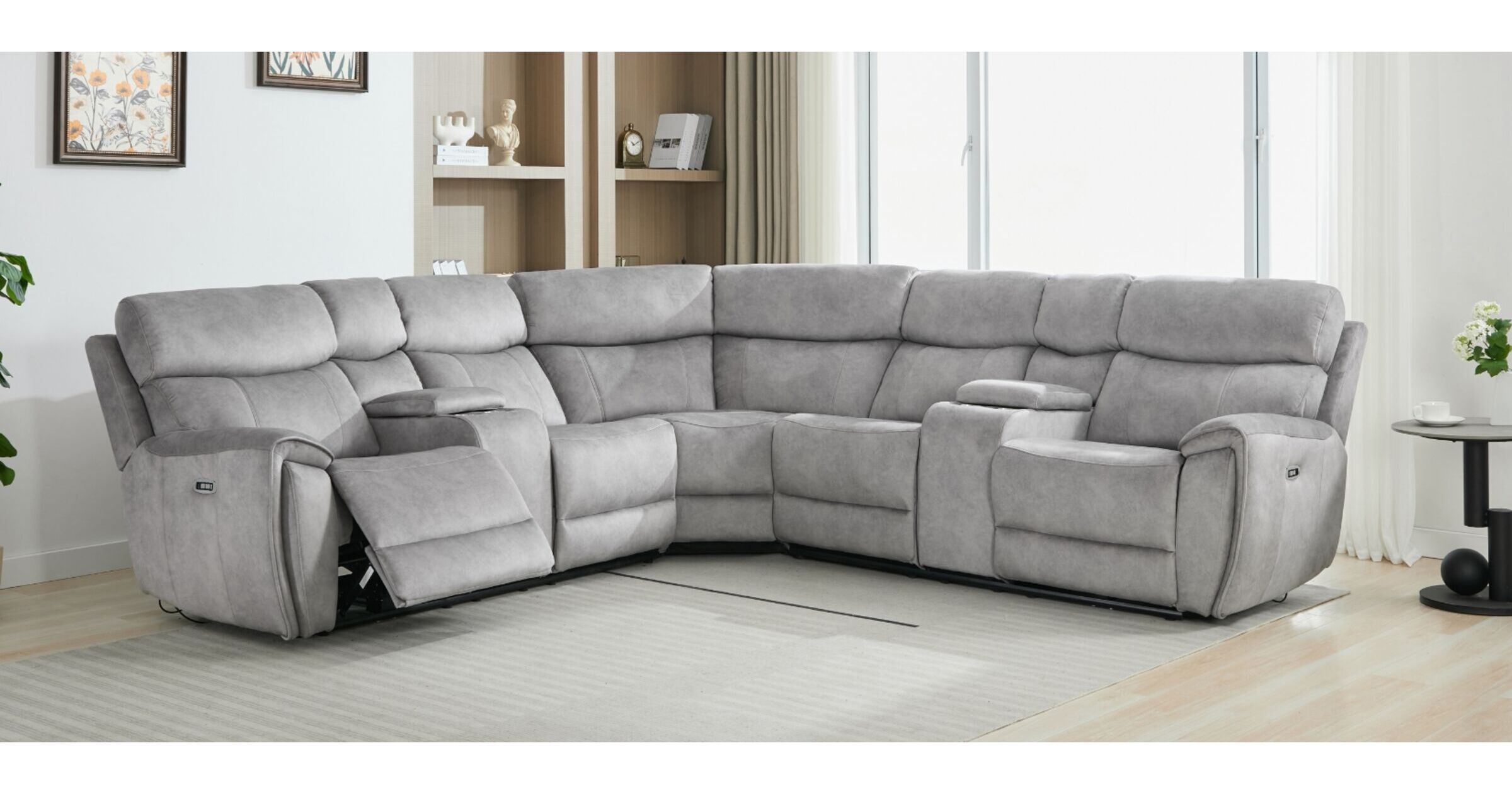 Comfortable Dino Corner Reclining Cinema Theatre Sofa Silver Fabric, 2C2