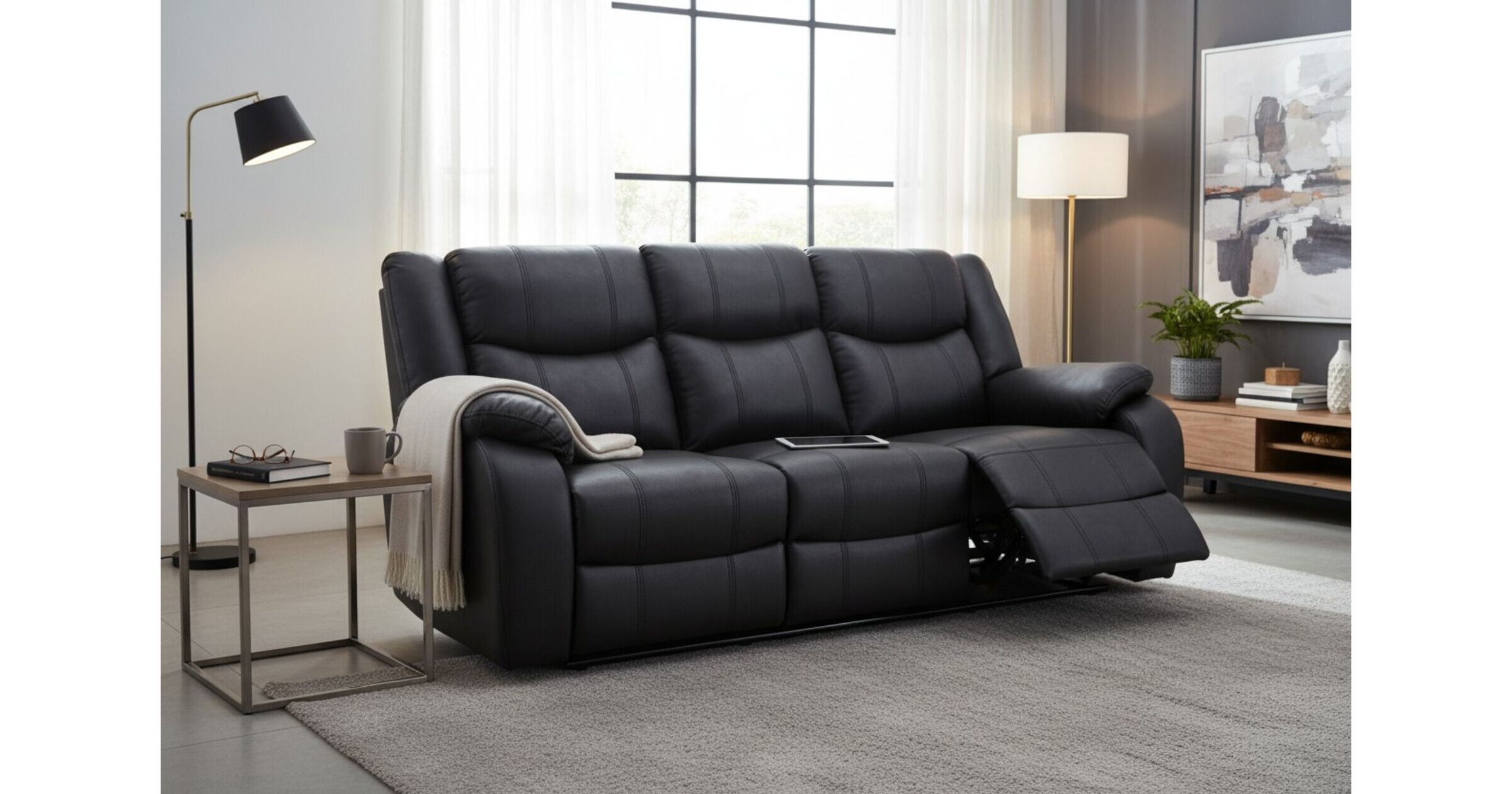 3 Seater Monte Reclining Cinema Console Sofa in Black Fabric