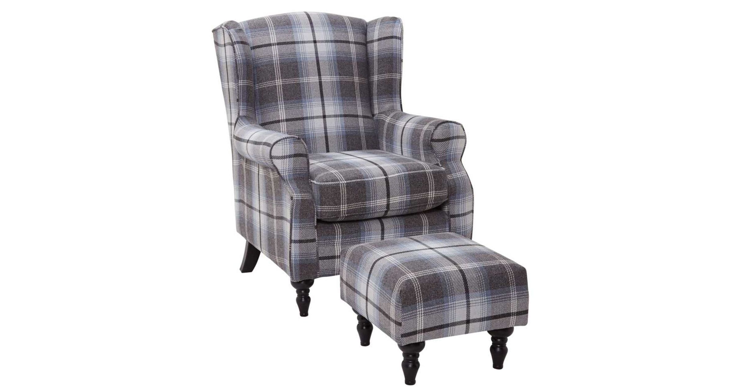 Wing Back Chair Tartan Midnight With Footstool